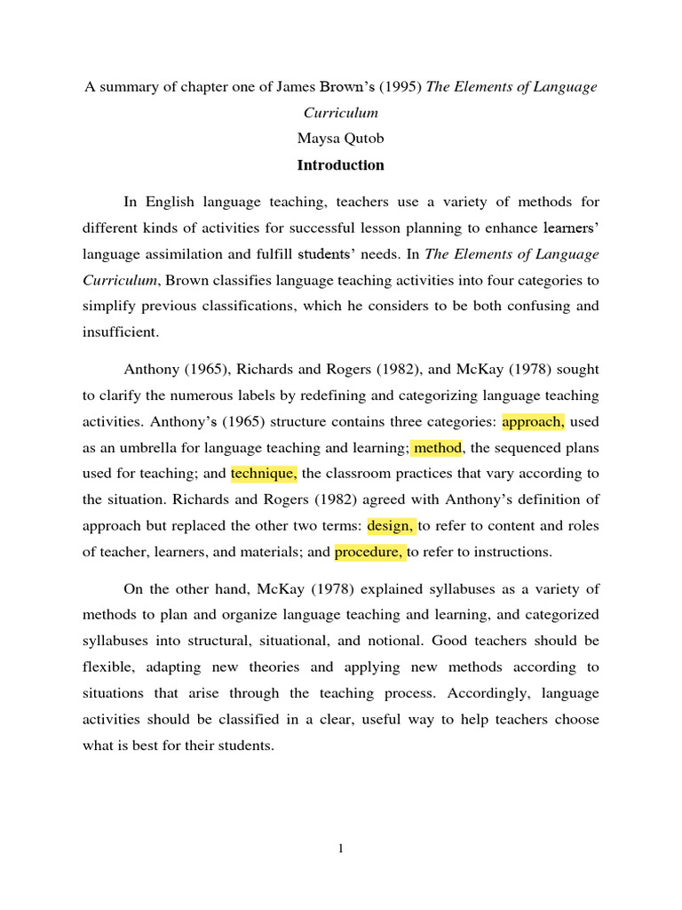 A Summary of Chapter One of James Brown | PDF | Teachers | Language ...