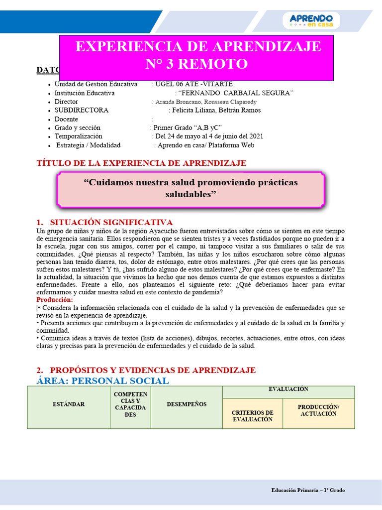 EXPERIENCIA DE APRENDIZAJE 3 1º.A, B, Y C para Mañana Junio Karen | PDF | Evaluación | Aprendizaje