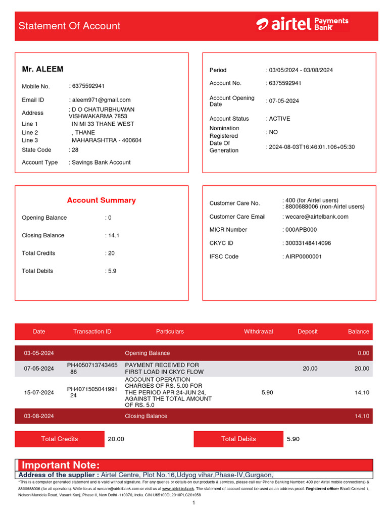 Airtel Payments Bank Statement Summary | PDF | Credit Card | Banks