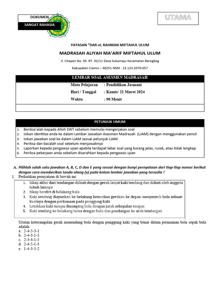 Soal Psaj Pjok Xii (Sma Nusantara 2023-2024) | PDF