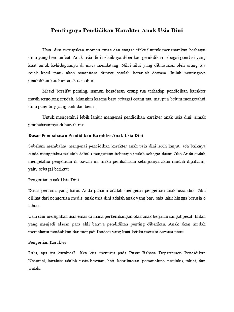 Pentingnya Pendidikan Karakter Anak Usia Dini | PDF