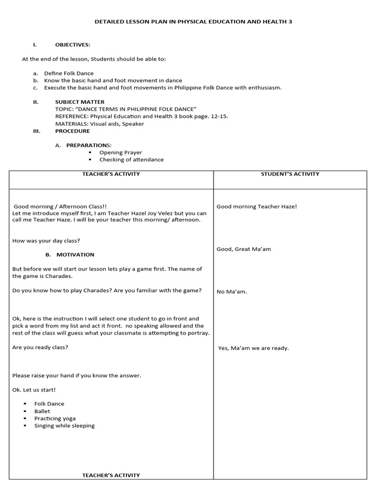 Philippine Folk Dance Lesson Plan | PDF | Dances | Foot