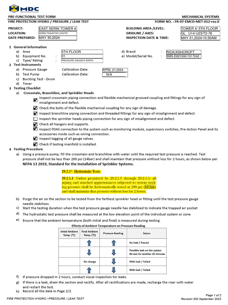 Hydro Fire Protection Test Report | PDF | Fire Sprinkler System | Pressure