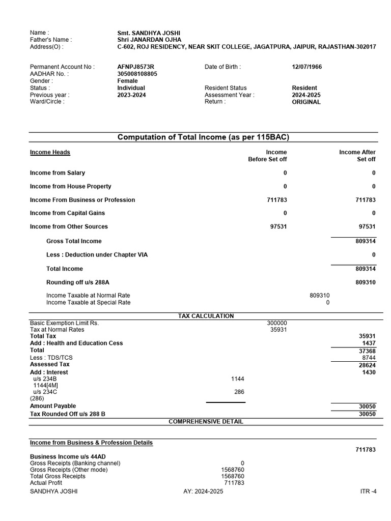 Sandhya Joshi Itr Computation Ay 2024-25-1 | PDF | Income | Taxes