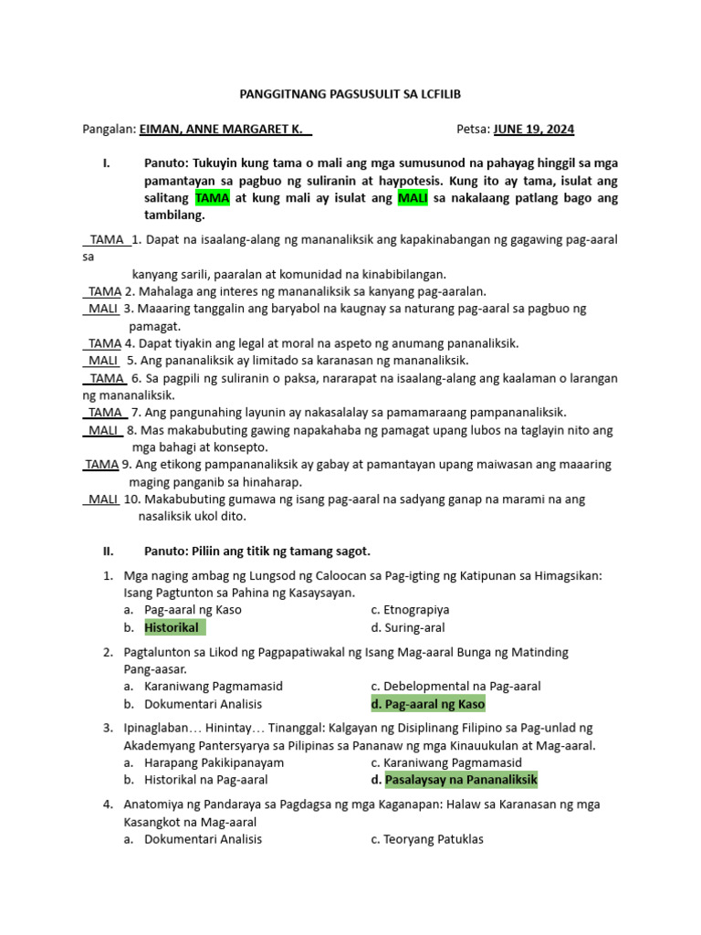 (Lcfilib) Panggitnang Pagsusulit Sa Lcfilib | PDF