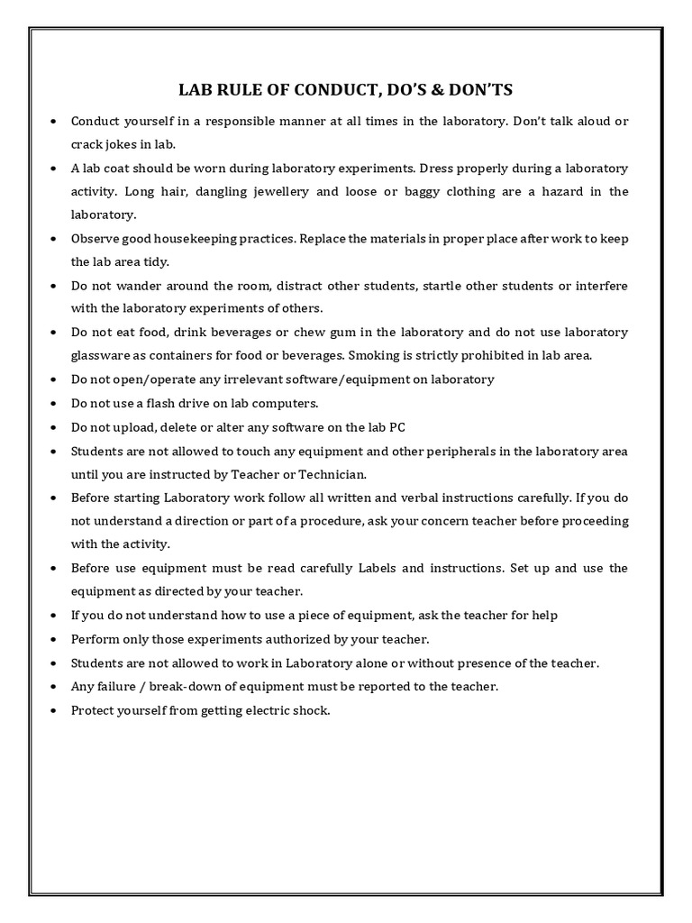 Lab Rule of Conduct, Do'S & Don'Ts | PDF | Wellness