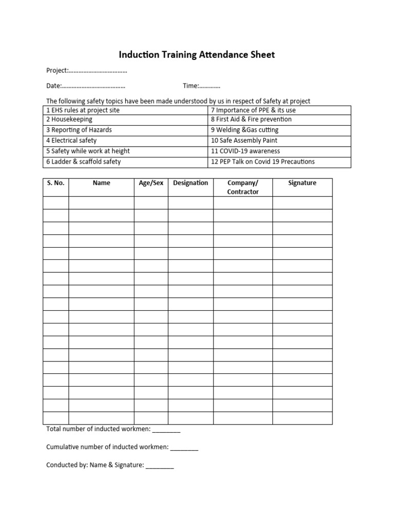OHSE Induction Training Attendance Format | PDF
