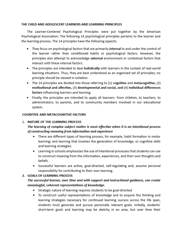 The Child and Adolescent Learners and Learning Principles Outline 2024 ...