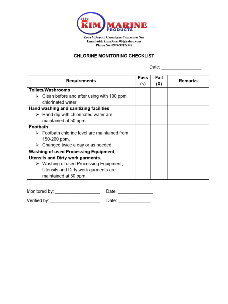 Chlorine Monitoring Checklist | PDF
