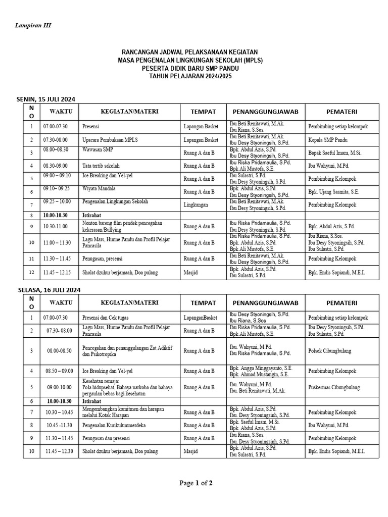 Jadwal MPLS SMP Pandu 2024/2025 | PDF