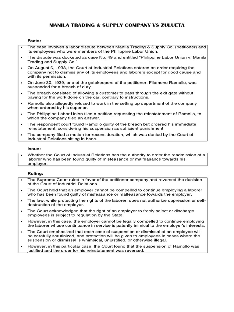 Manila Trading & Supply Company VS Zulueta | PDF | Employment | Law Of ...
