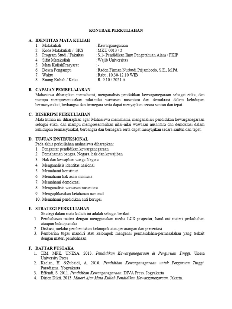 Kontrak Kuliah KWN 2021A PIPA | PDF | Ilmu Sosial