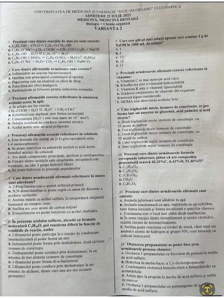 Subiecte-ADMITERE Cluj 2023 | PDF