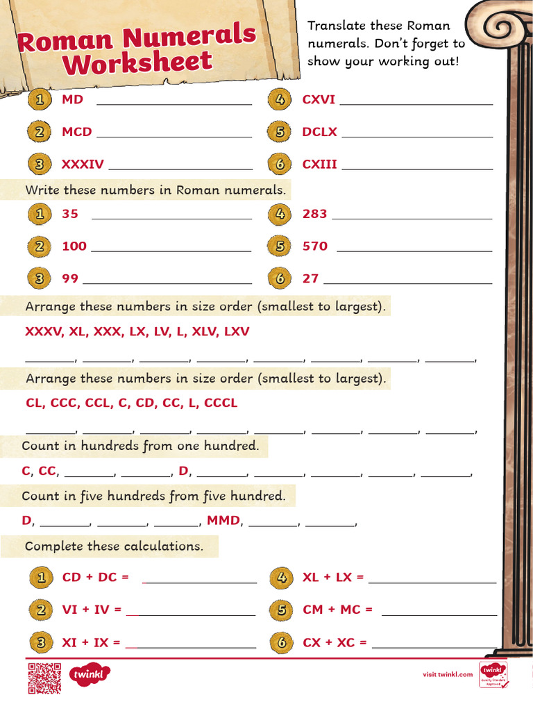 t2 M 400 Roman Numerals Activity Sheet Ver 4 1 2 | PDF | Teaching ...