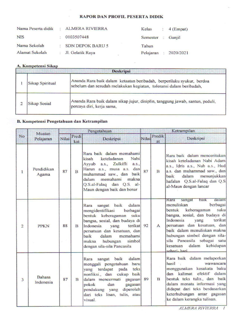 Raport Kelas 4 Ganjil - Compressed | PDF