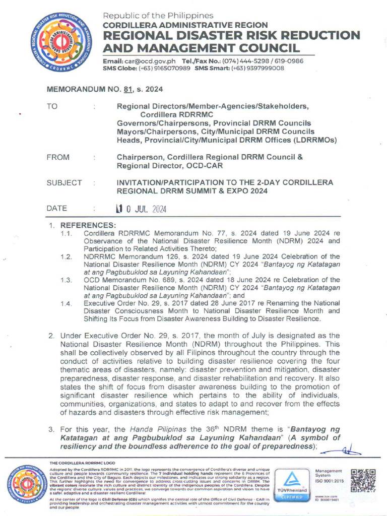 Cordillera RDRRMC Memorandum No. 81, S. 2024 - Invitation To The 2-Day Cordillera Regional DRRM ...