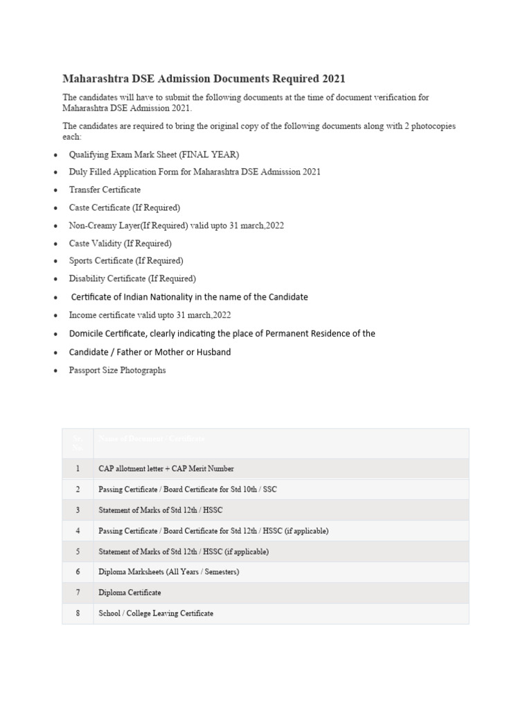 Maharashtra DSE Admission Documents Required 2021 | PDF | Government ...