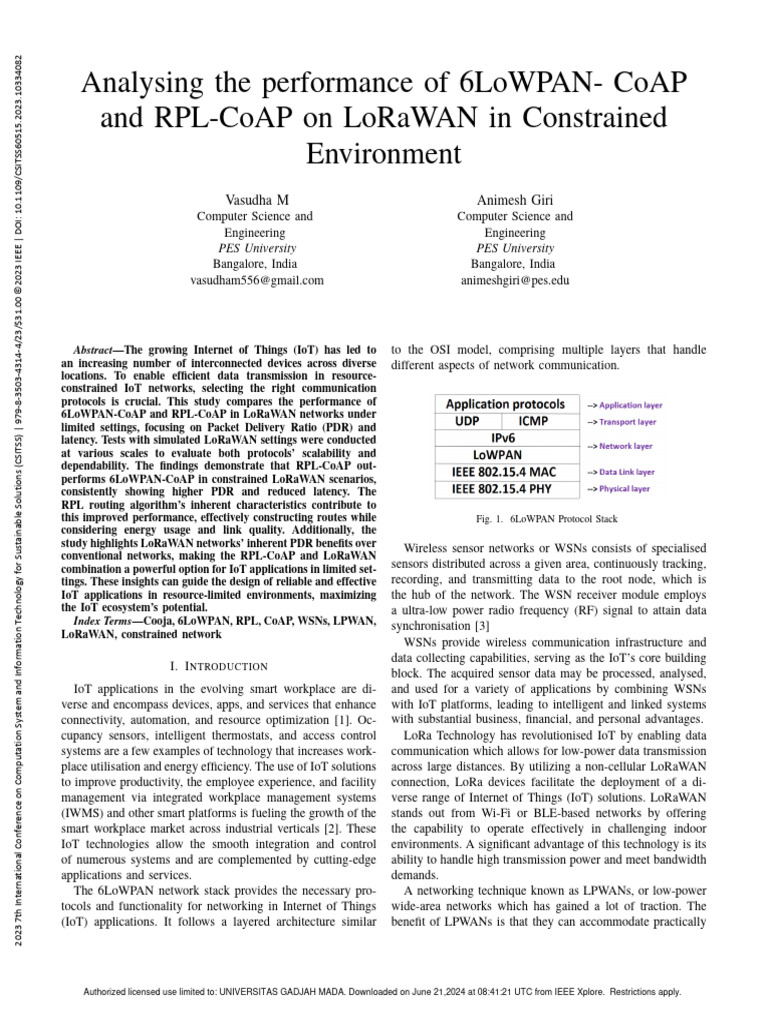 Analysing The Performance of 6LoWPAN - CoAP and RPL-CoAP On LoRaWAN in Constrained Environment ...