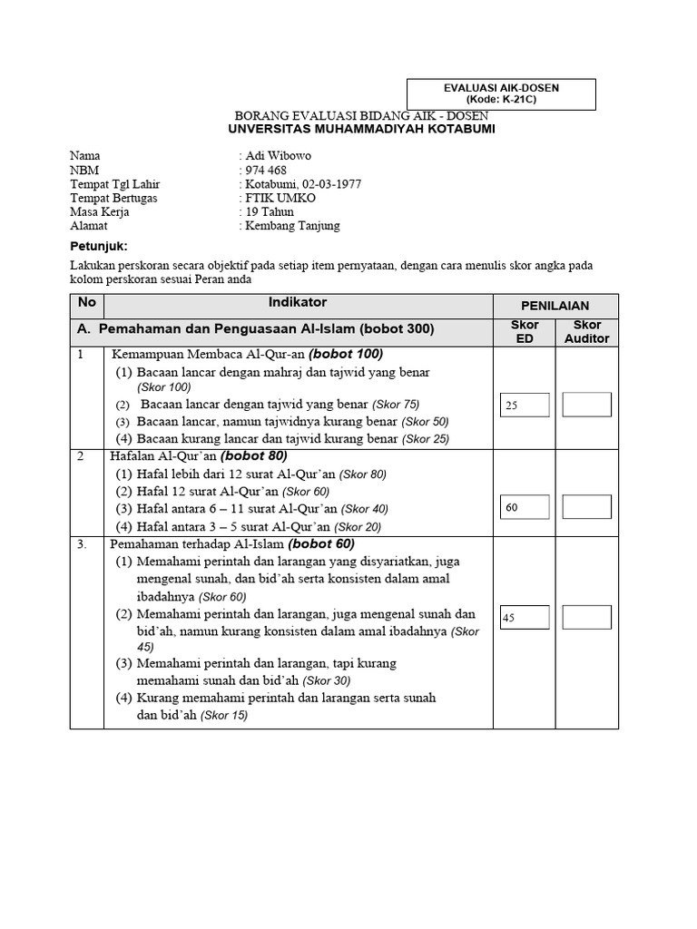 Formulir Penilaian Dosen Tentang AIK | PDF