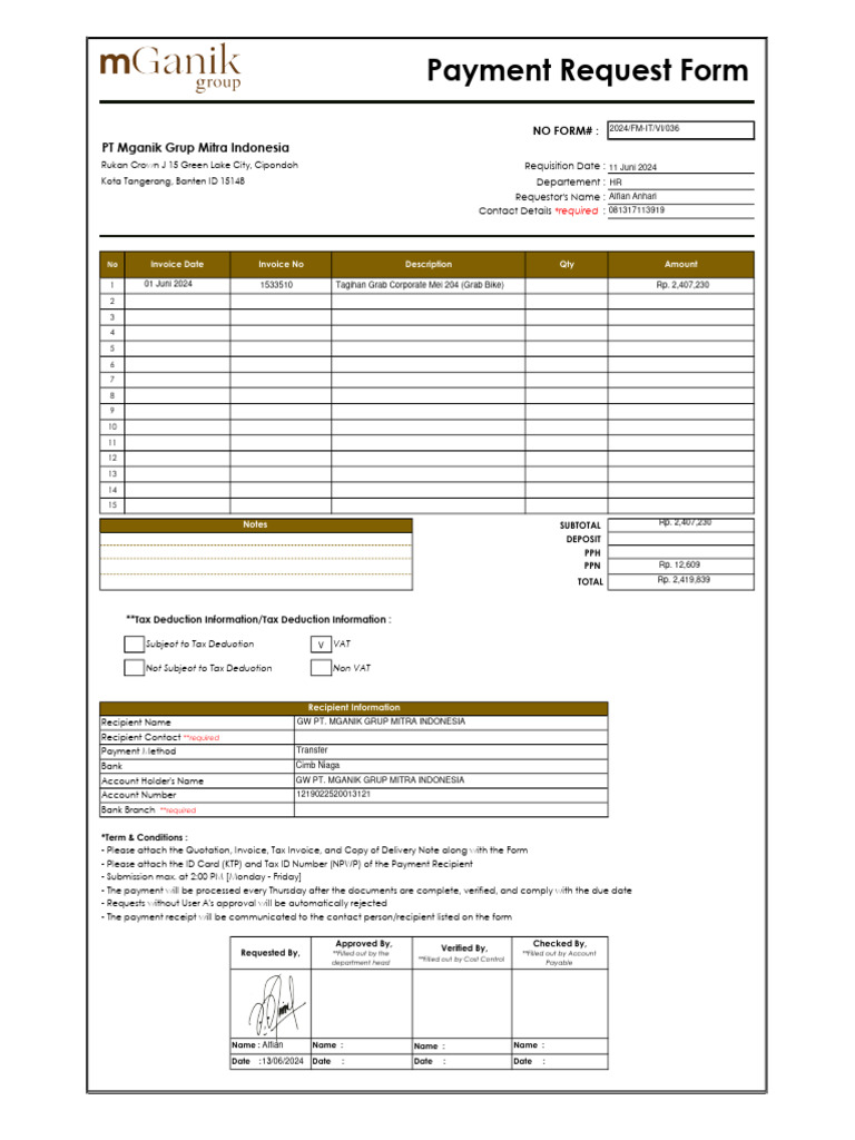 MGMI - Payment Request Form GrabBike Mei 2024 | PDF | Value Added Tax ...