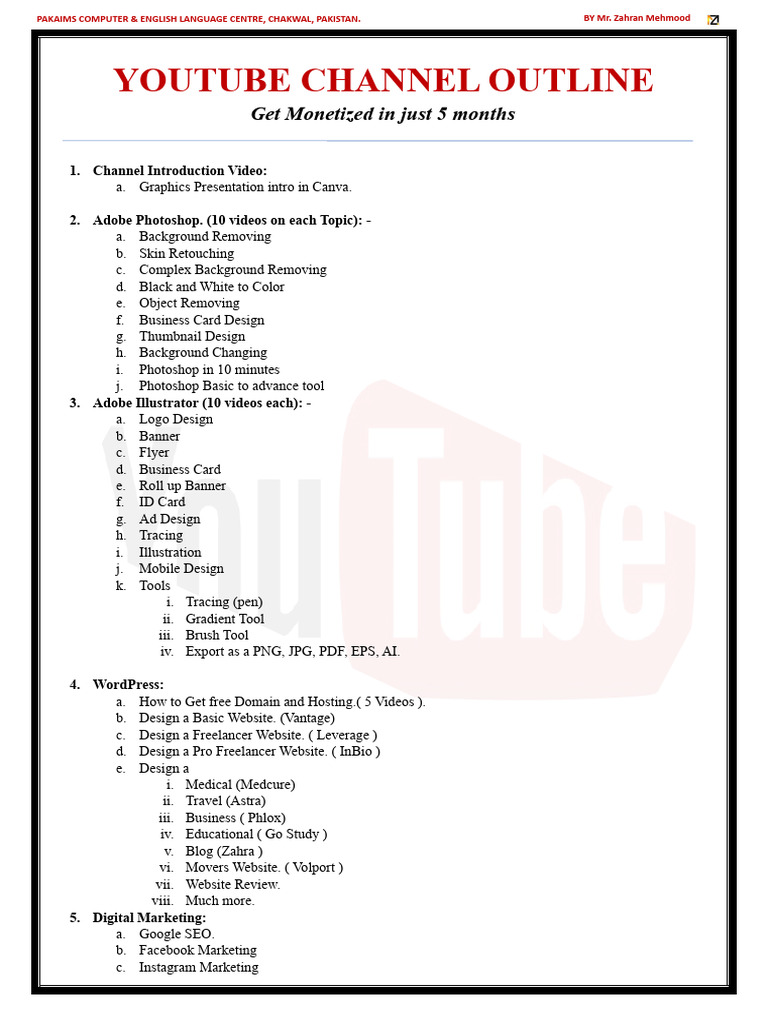 Youtube Outline (Freelancer) | PDF | Adobe Photoshop | You Tube