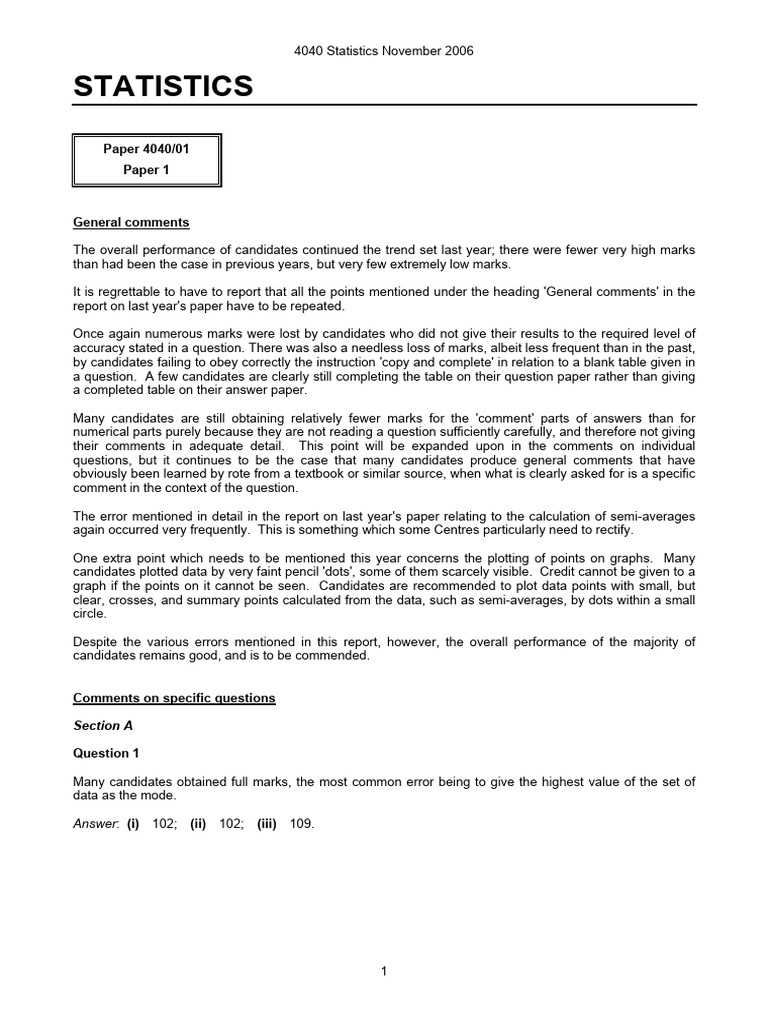 Statistics: Paper 4040/01 Paper 1 | PDF | Sampling (Statistics) | Mean