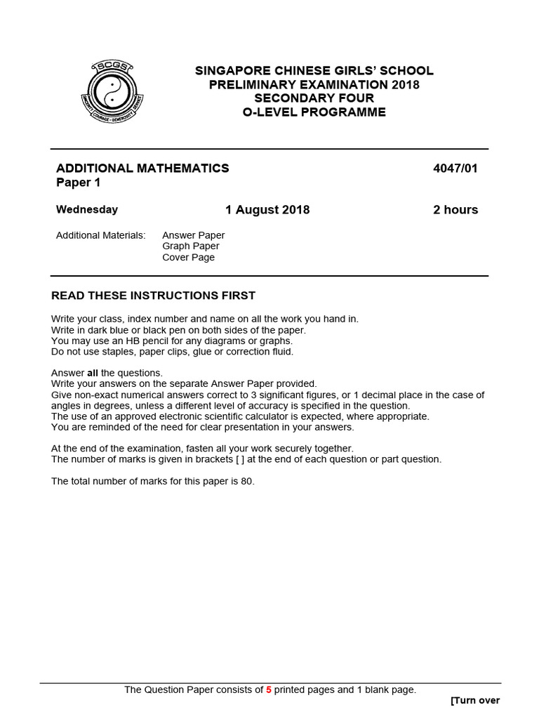 A-Math Sec 4 Sa2 2018 Singapore Chinese Girls School | PDF | Circle ...