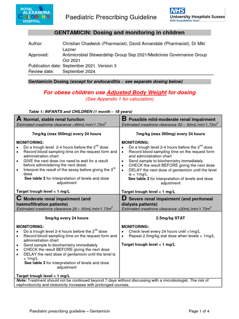 Paediatric Prescribing Guideline Gentamicin | PDF | Creatinine | Dose ...