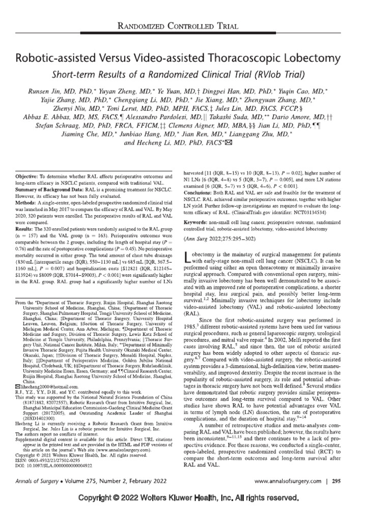 Robotic Assisted Vs Video Assisted Thoracospic Labectomy | PDF