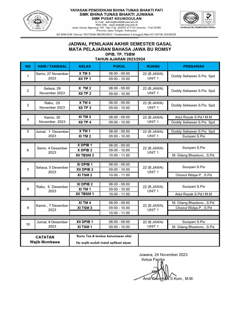 Jadwal Pas B.jawa Dpib, TP, TM (Bu Romsy) | PDF