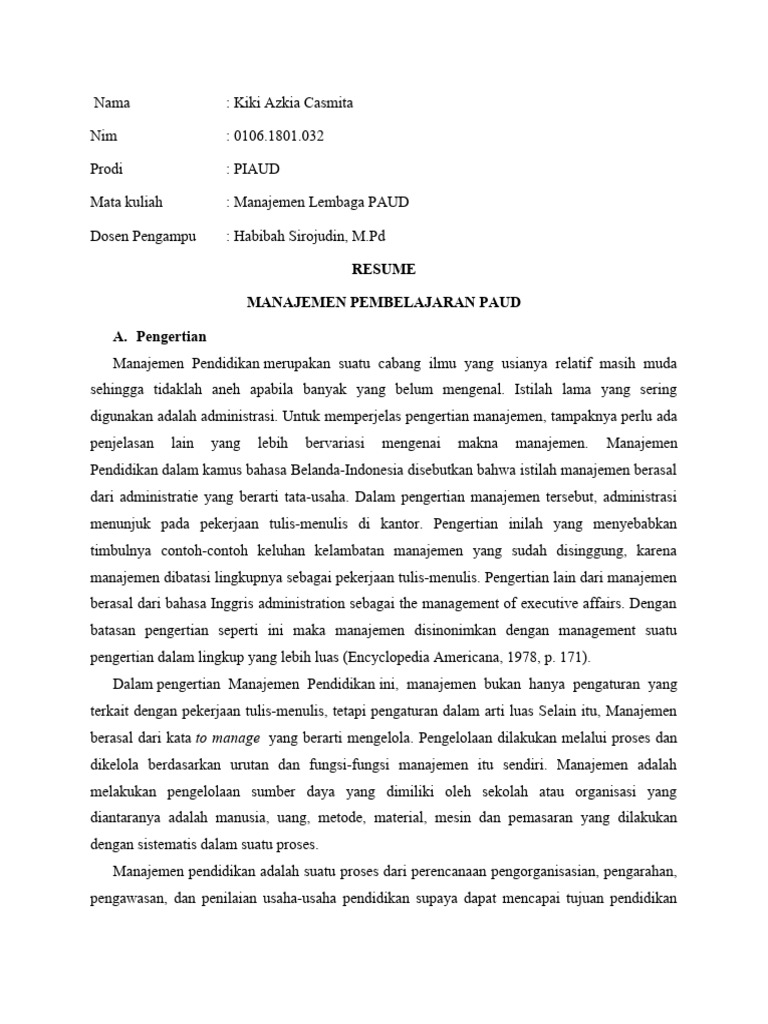 Uts Manajemen Lembaga Paud | PDF