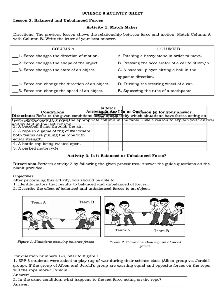 LESSON 2-ACTIVITY SHEET-BALANCED AND UNBALANCED FORCE | PDF | Force | Mechanical Engineering