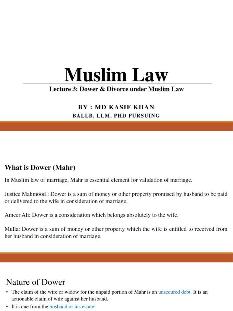 Muslim Law Lecture 3 Dower & Divorce | PDF | Social Institutions | Marriage, Unions And Partnerships