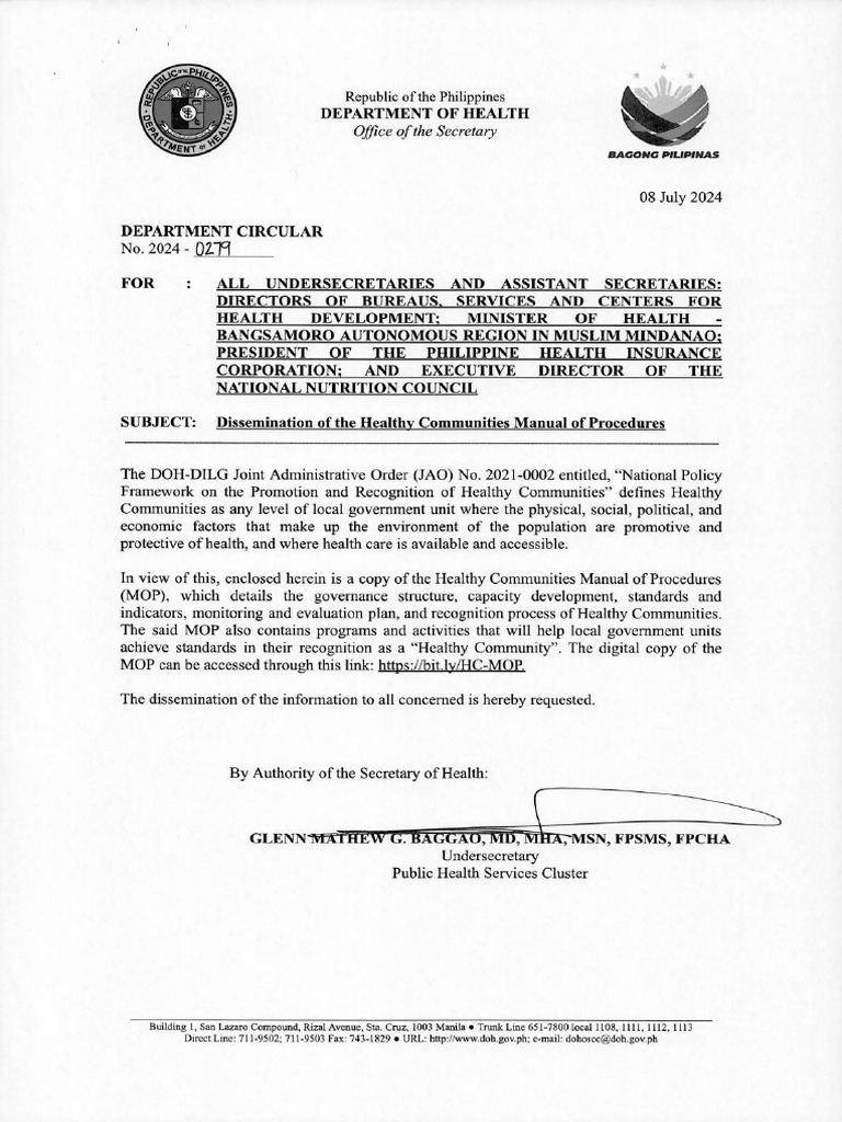 DOH Department Circular No. 2024-0279 | PDF | Drinking Water | Healthy Diet