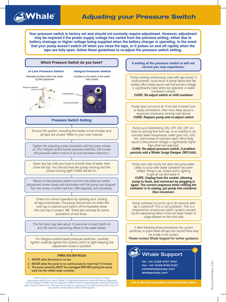 Whale - Adjusting Your Pressure Switch | PDF | Pump | Switch