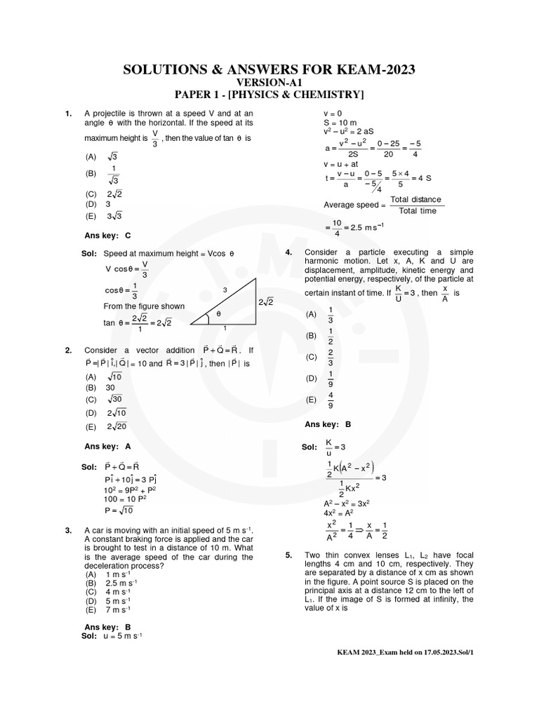KEAM 2023 Paper 1 Physics and Chemistry Solution Plus Key Version A1 ...
