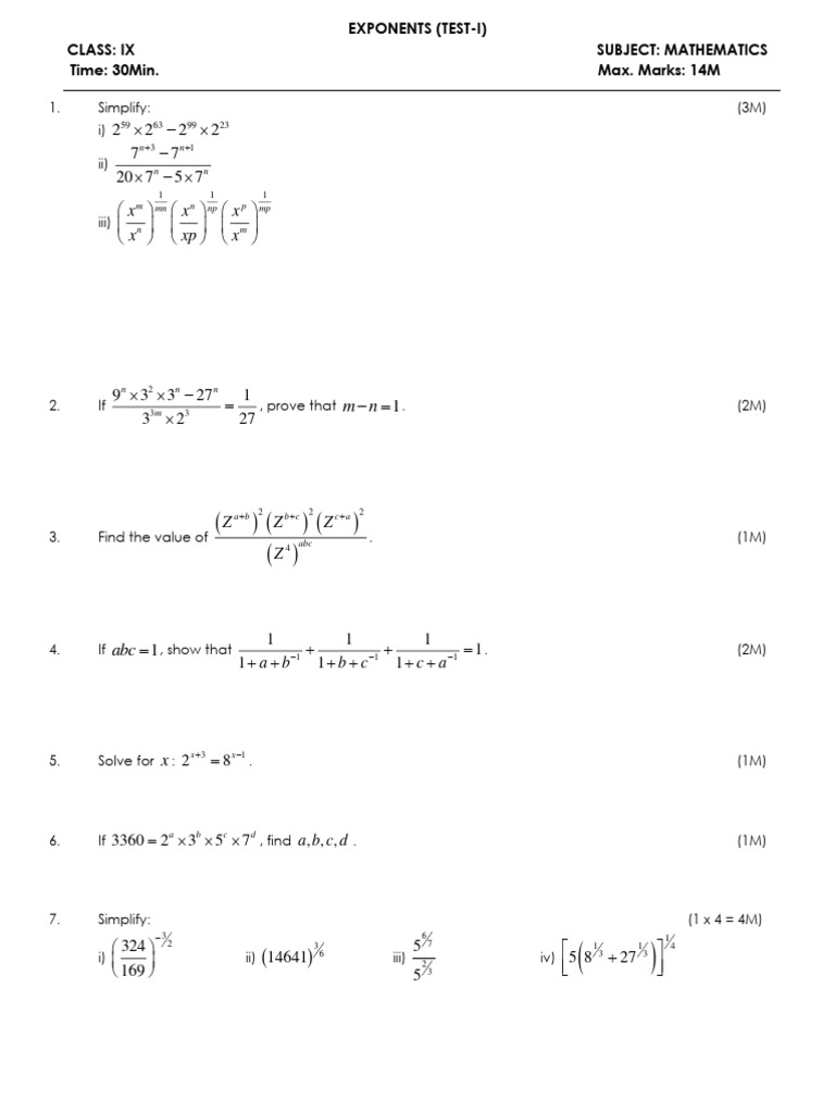 Ix 01 05 Exponents Test I Maths | PDF | Mathematics | Computational ...