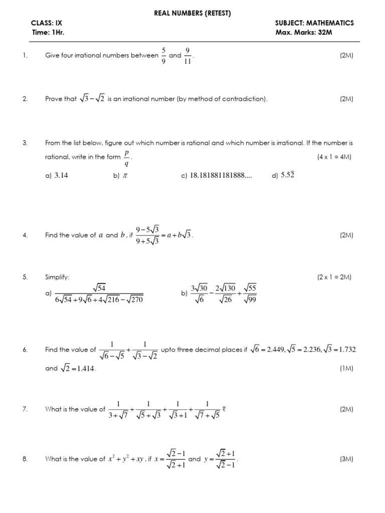 Ix-01-Rt01(b24) - Real Numbers Test-i - Maths | PDF | Numbers | Real Number