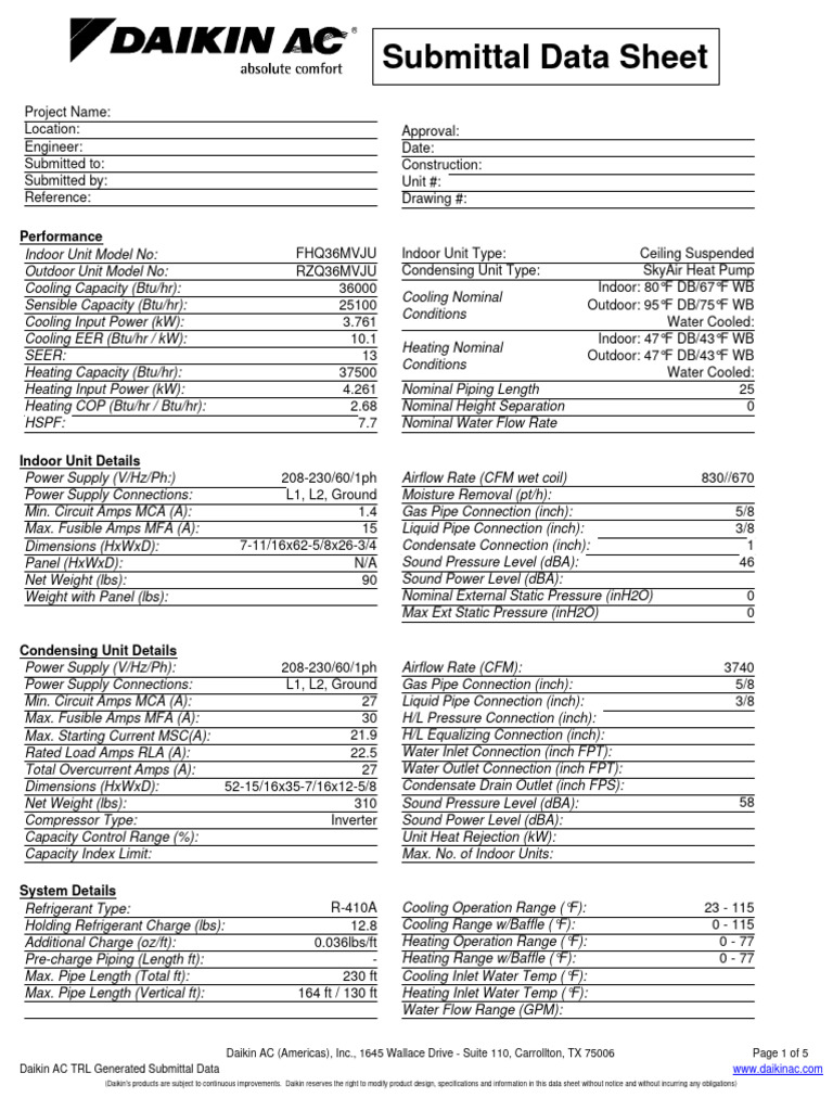 FHQ36MVJU - RZQ36MVJU - DAIKIN Data Sheet | PDF | Heat Transfer | Sustainable Technologies