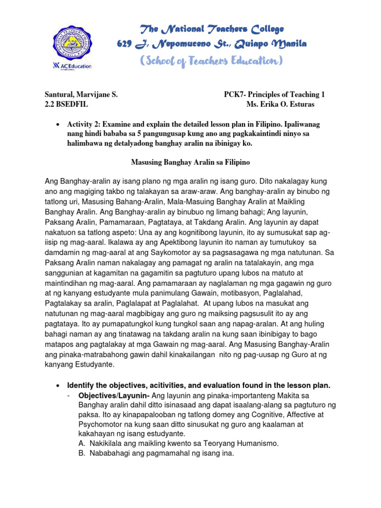 PCK7 Principles of Teaching 1 Activities | PDF | Classroom Management ...