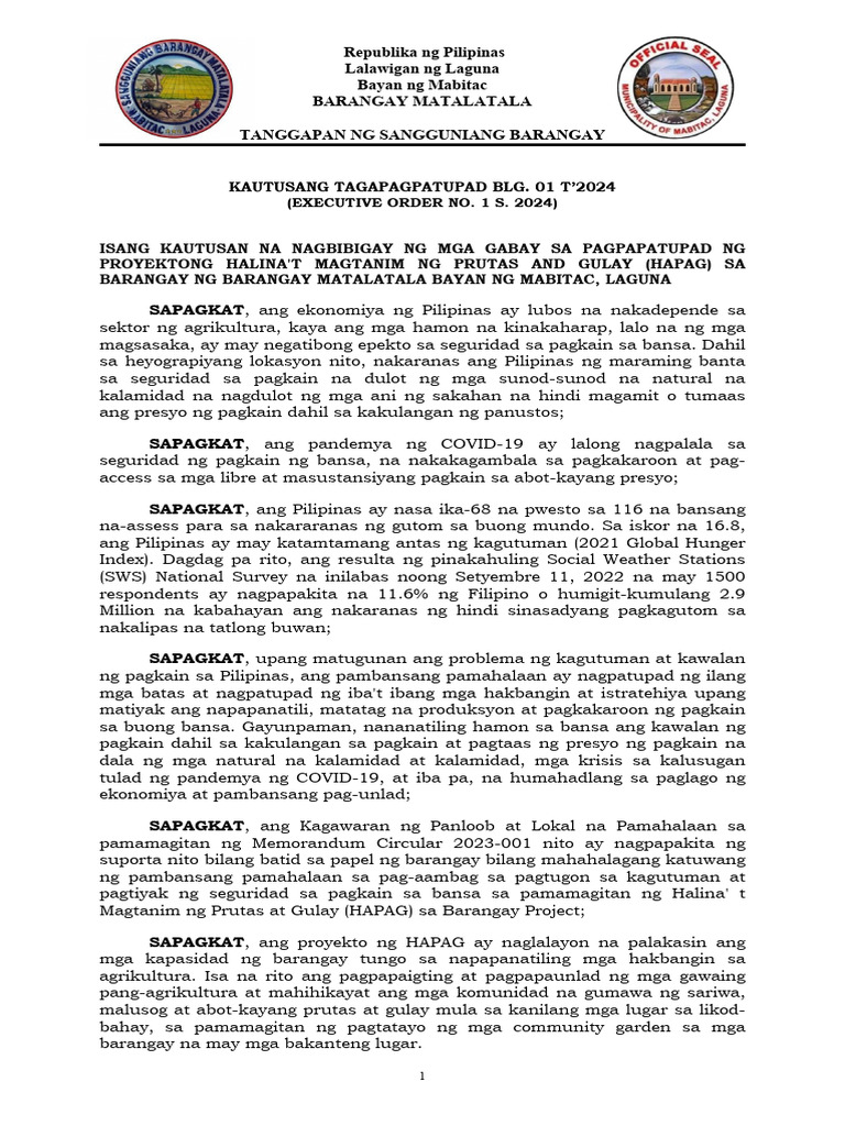 Executive Order B. 01 T' 2024 (Hapag) | PDF