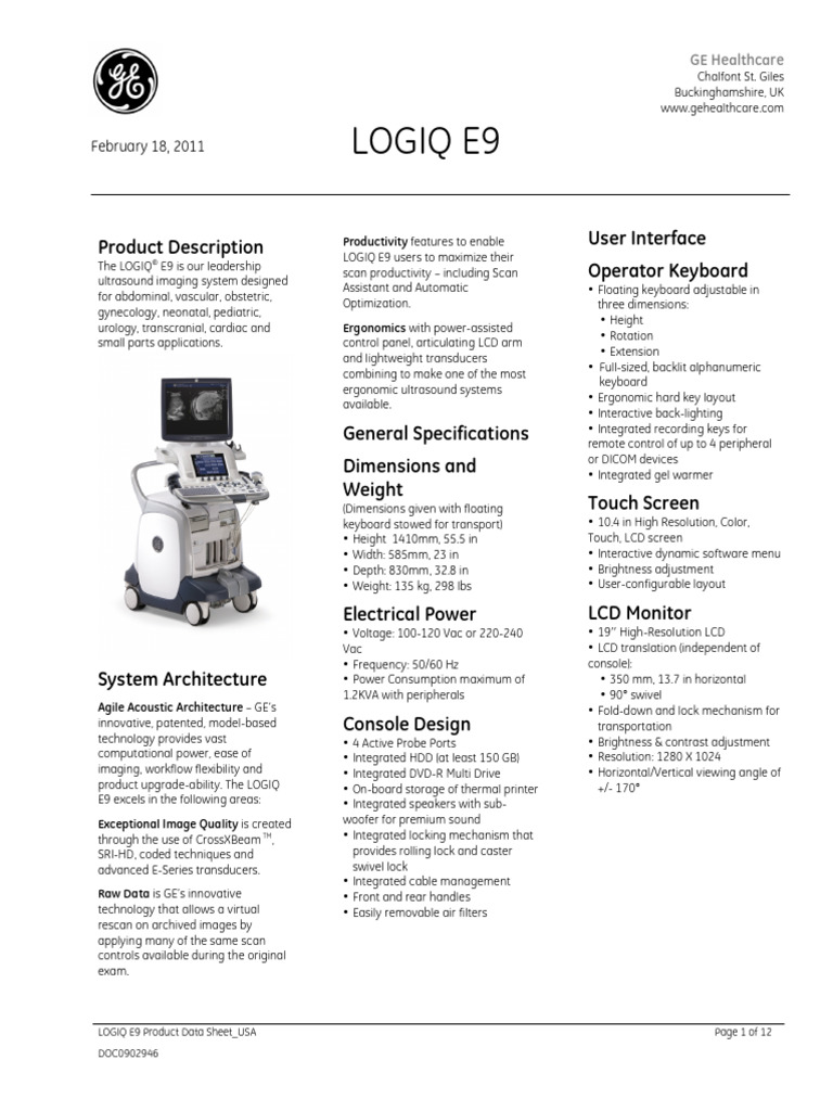 GE Logiq E9 Data Sheet | PDF | Ventricle (Heart) | Aorta
