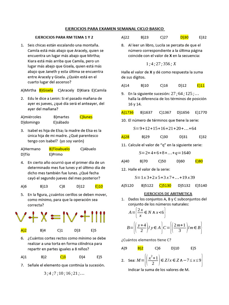 Ejercicios para Examen Semanal Ciclo Basico | PDF | Matemáticas