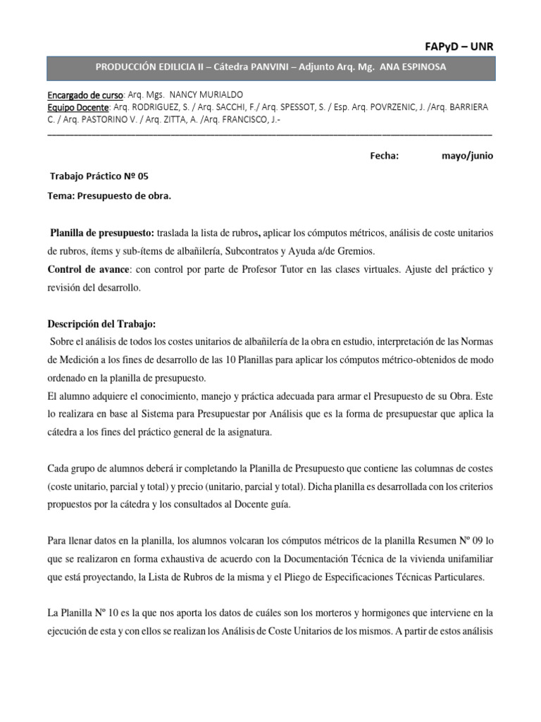 01 - Guía TP N° 5 - Presupuesto de Obra. | PDF | Presupuesto