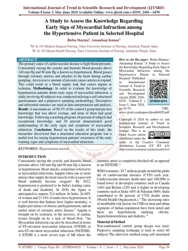 A Study To Assess The Knowledge Regarding Early Sign of Myocardial ...