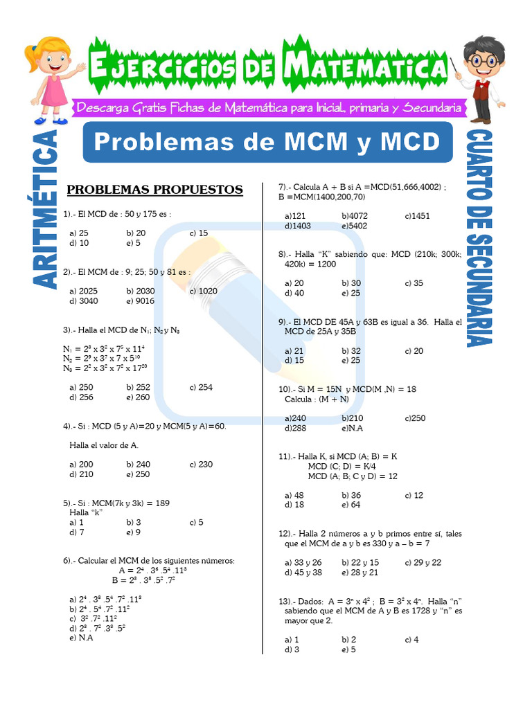 Problemas de MCM y MCD para Cuarto de Secundaria | PDF | Matemática ...