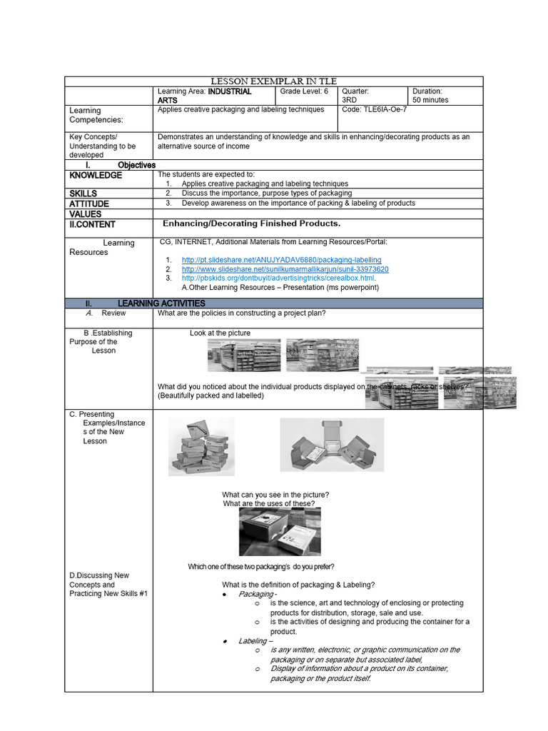 LESSON EXEMPLAR TLE Copy | PDF | Packaging And Labeling | Learning