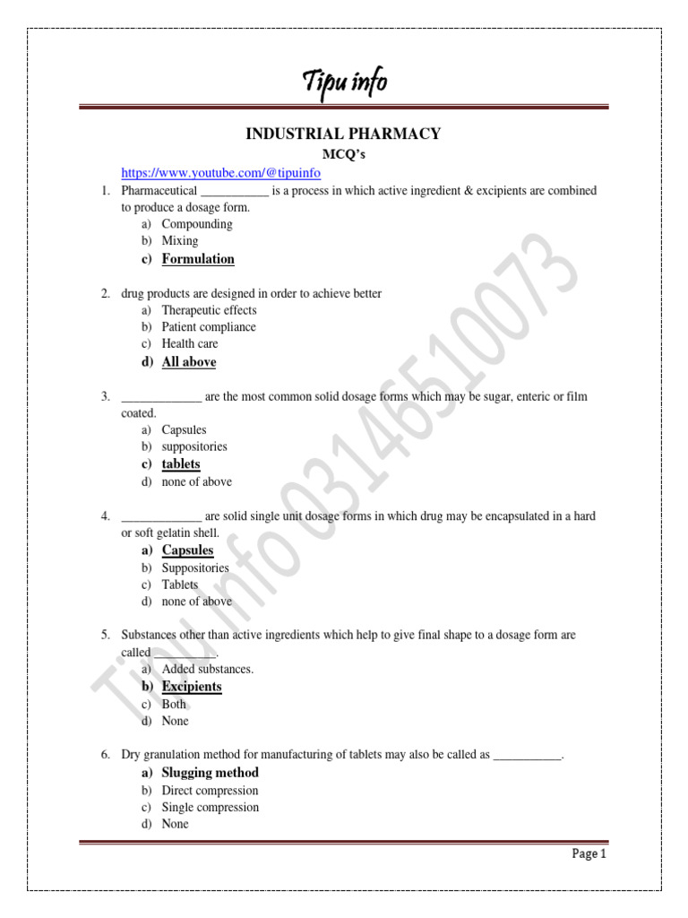Industrial Pharmacy MCQs For Pharmacy Technician | PDF | Tablet ...