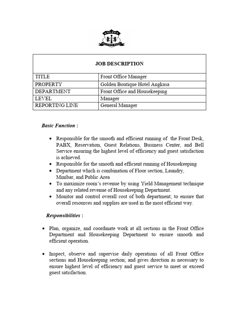Front Office Manager Job Description | PDF | Hotel