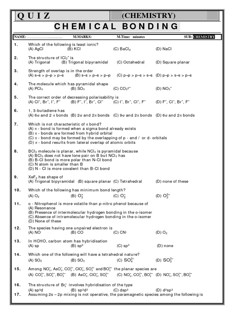 Quiz Chemical Bonding Js | PDF | Chemical Bond | Chemical Polarity